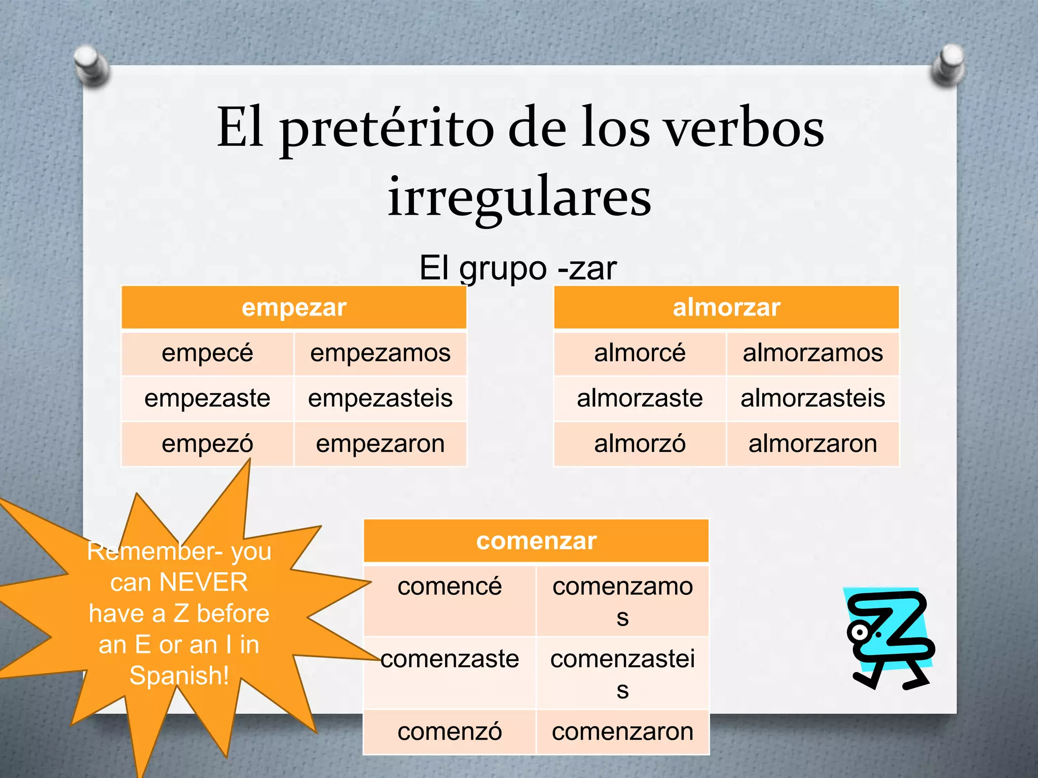III- El pretérito de los verbos irregulares (los verbos -car -gar -zar ...