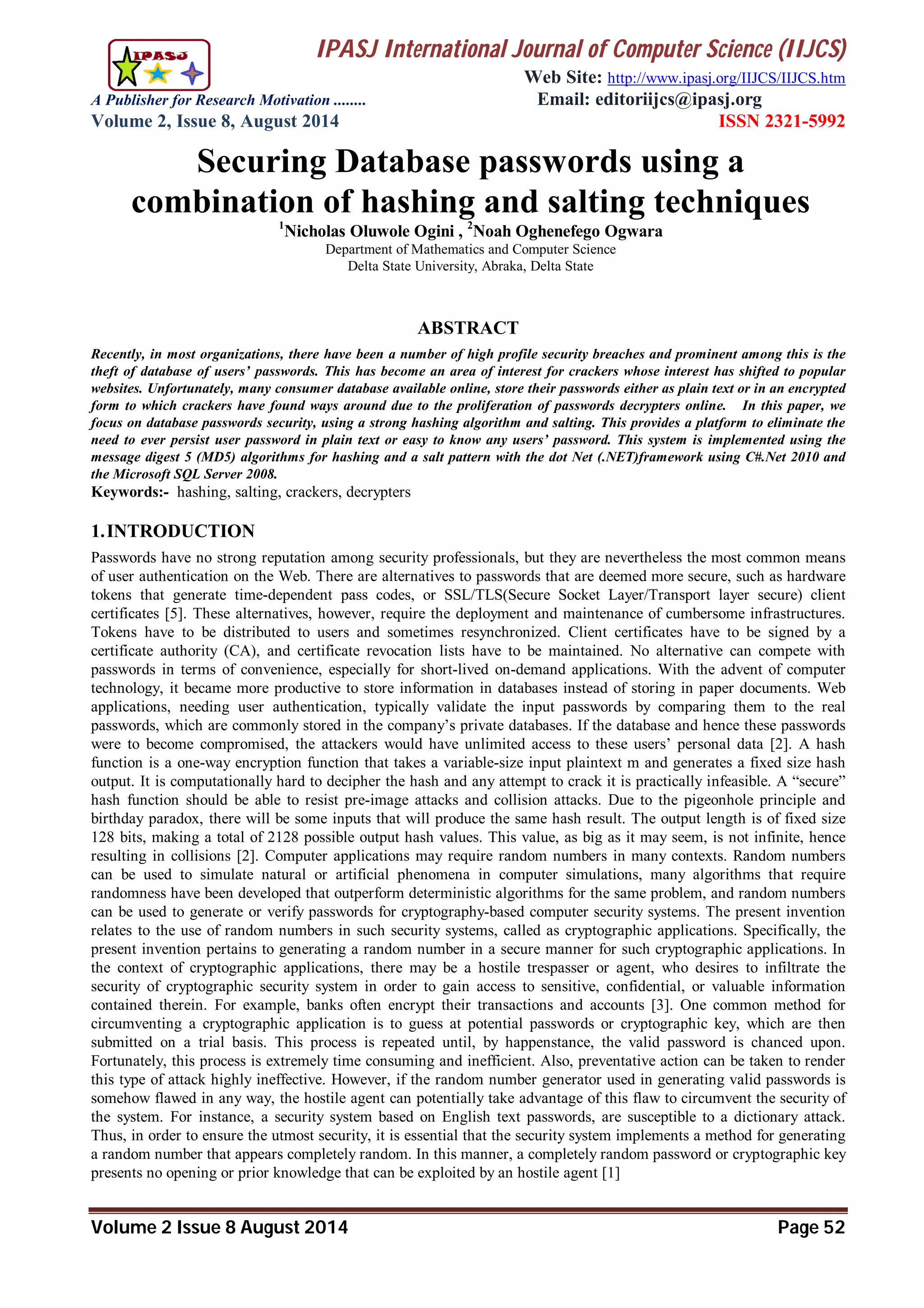 Securing Database Passwords Using A Combination Of Hashing And Salting