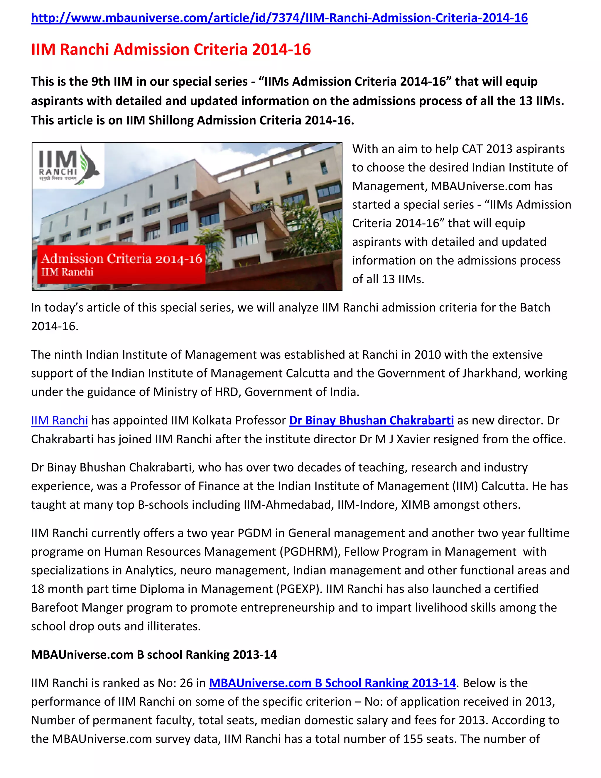 IIM Ranchi Admission Criteria 2014-16 | PDF | Business | Business and ...