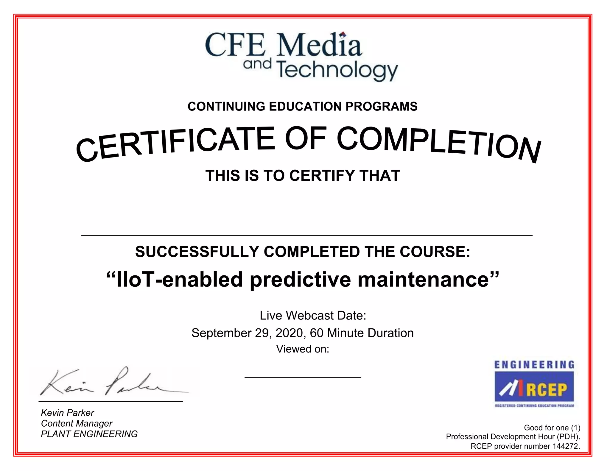 Certificate of Completion "IIoT Enabled Predictive Maintenance" Online Course - Ahmed Said Kotb ...