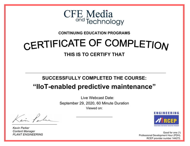 Certificate of Completion "IIoT Enabled Predictive Maintenance" Online Course - Ahmed Said Kotb ...