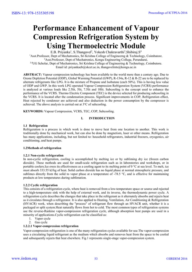 Iirdem performance enhancement of vapour compression refrigeration system by using ...