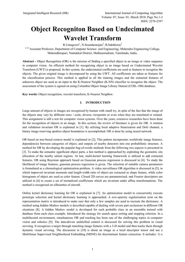 Object Recogniton Based on Undecimated Wavelet Transform | PDF