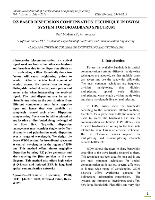 RZ based dispersion compensation technique in dwdm system for broadband spectrum | PDF | Digital ...