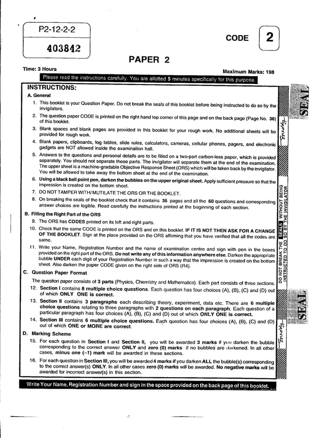 IIT JEE Question Paper 2 Code 2 | PDF