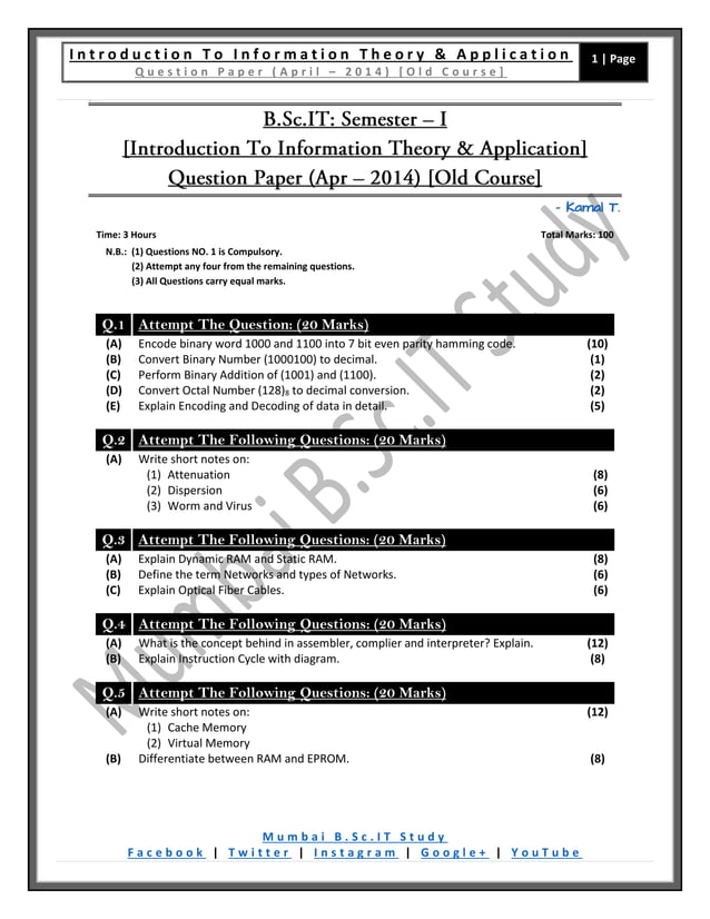 [Question Paper] Introduction To Information Theory & Application (Old Course) [April / 2014] | PDF