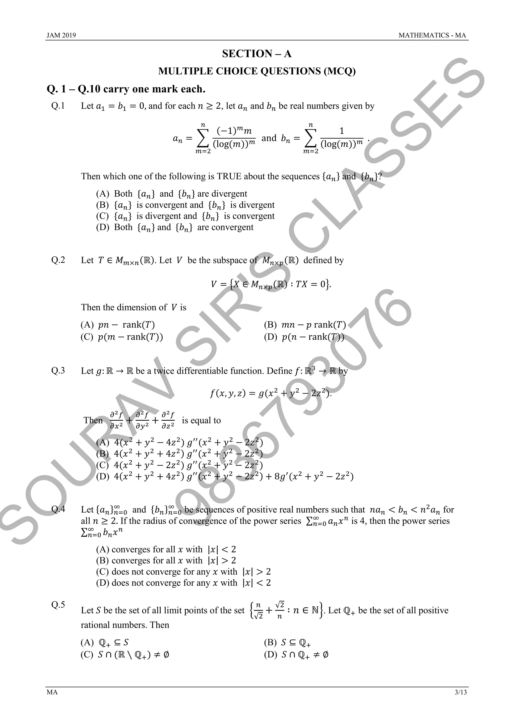 IIT JAM MATH 2019 Question Paper | Sourav Sir's Classes | PDF