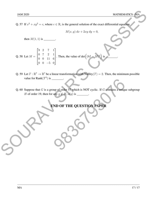 IIT JAM MATH 2020 Question Paper | Sourav Sir's Classes | PDF