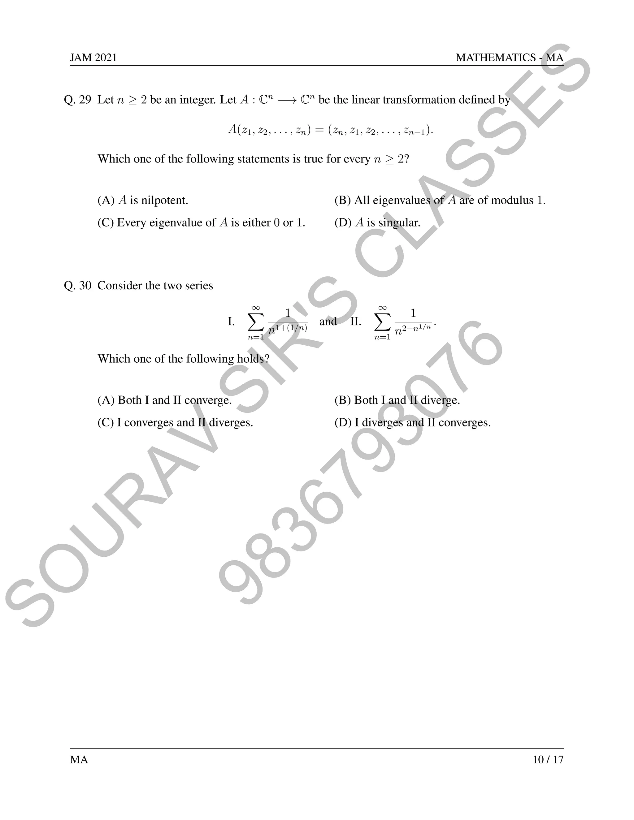 IIT JAM MATH 2021 Question Paper | Sourav Sir's Classes | PDF