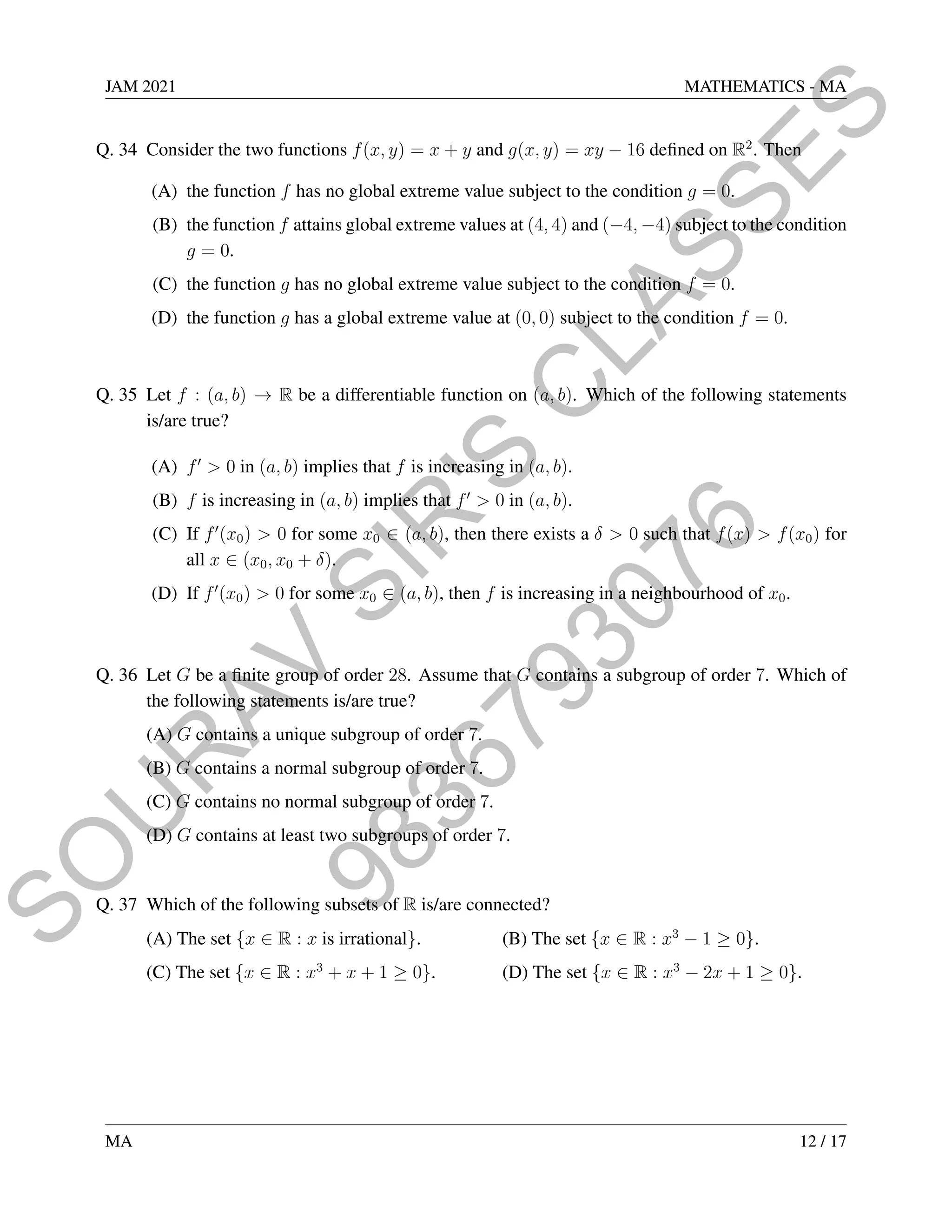 IIT JAM MATH 2021 Question Paper | Sourav Sir's Classes | PDF