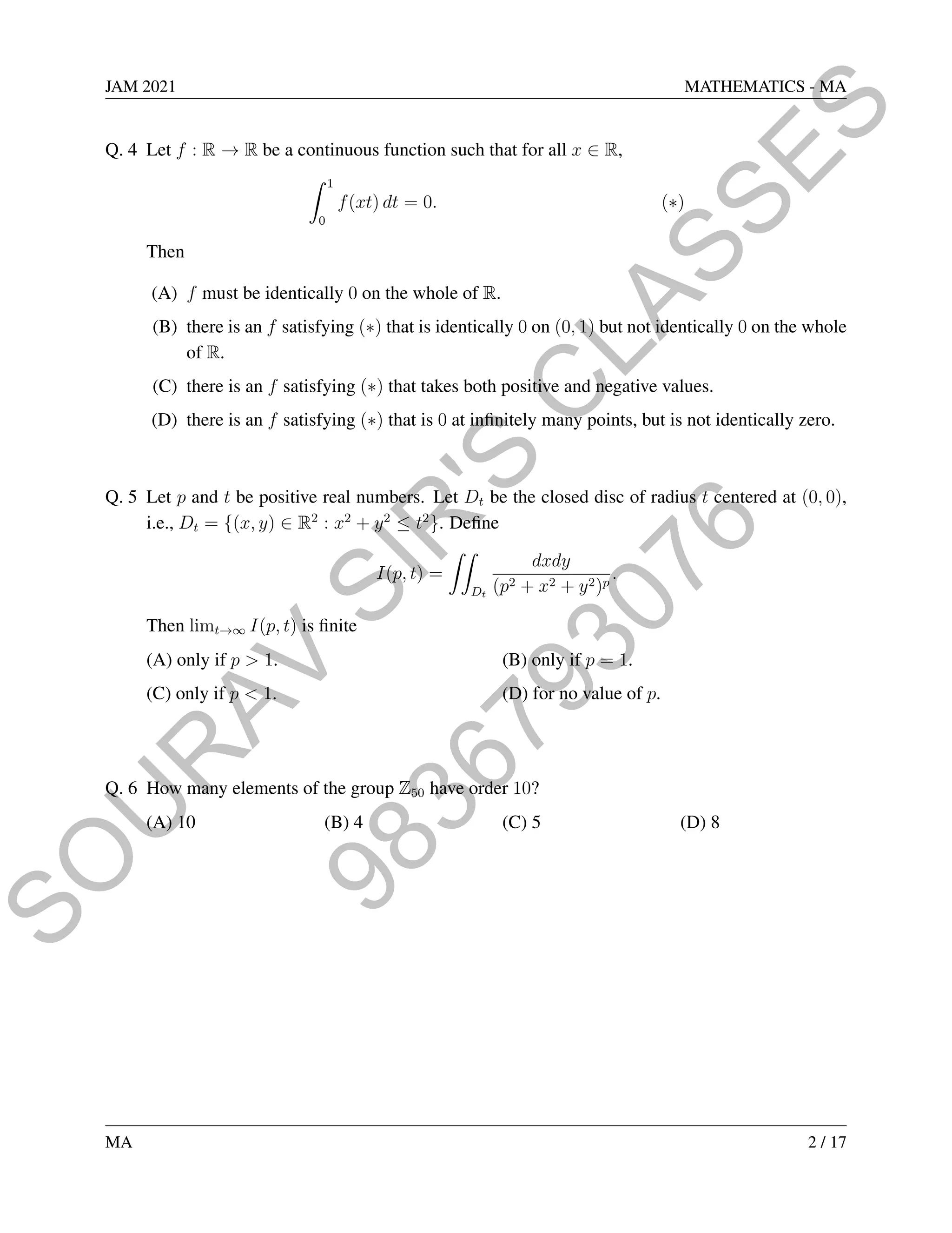IIT JAM MATH 2021 Question Paper | Sourav Sir's Classes | PDF