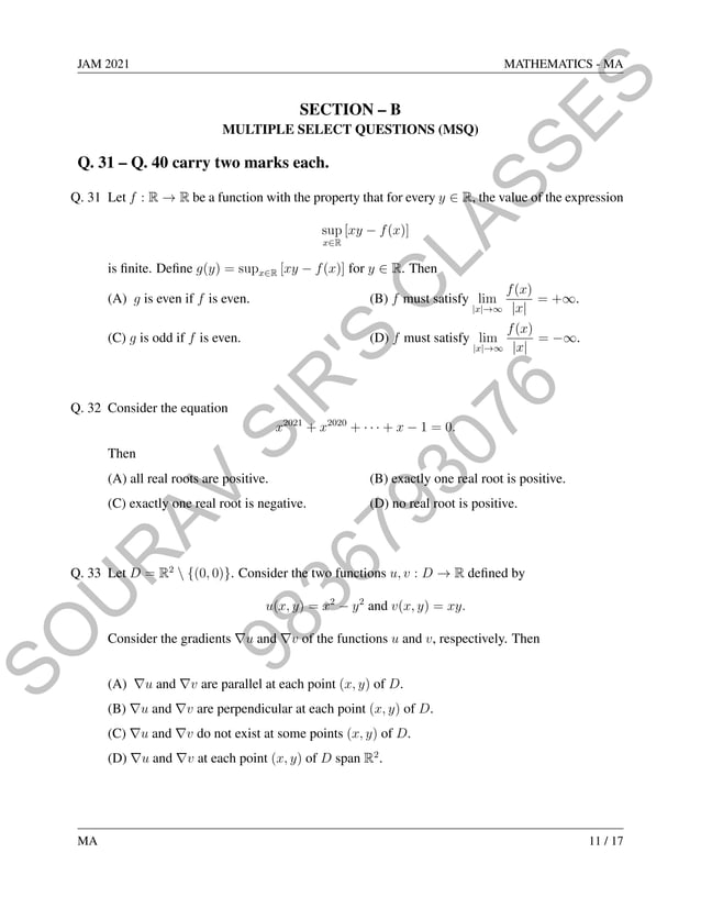 IIT JAM MATH 2021 Question Paper | Sourav Sir's Classes | PDF