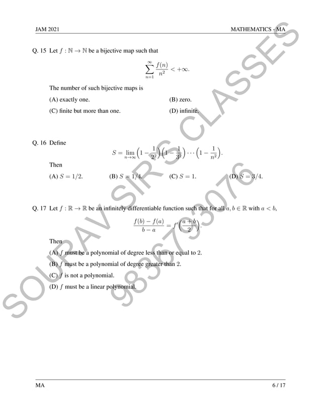 IIT JAM MATH 2021 Question Paper | Sourav Sir's Classes | PDF