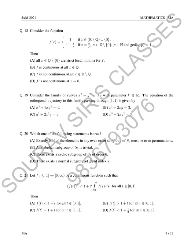 IIT JAM MATH 2021 Question Paper | Sourav Sir's Classes | PDF