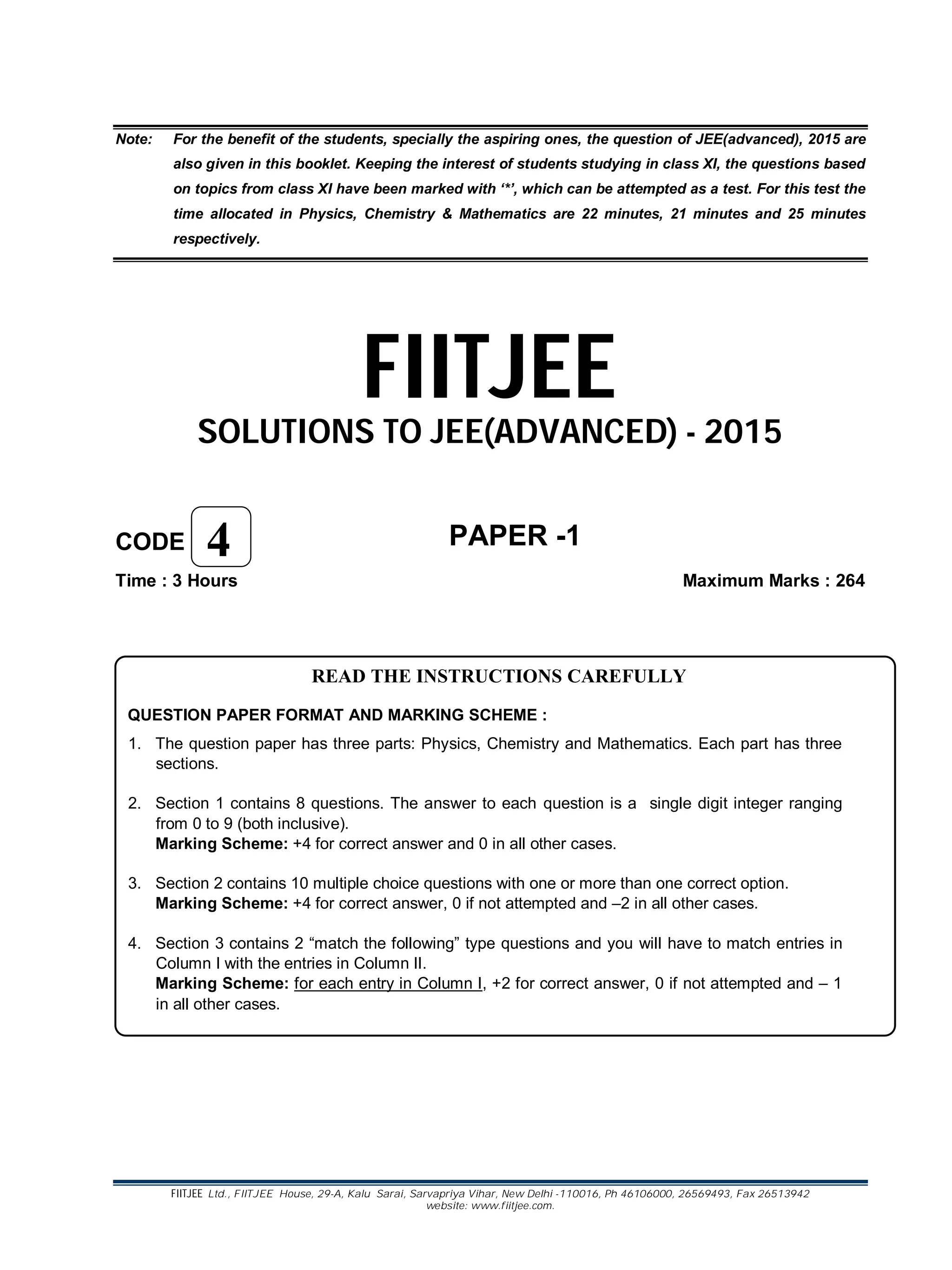 IIT JEE adv-2015 question paper-1, hints & solutions Solved Paper by Prabhat Gaurav | PDF