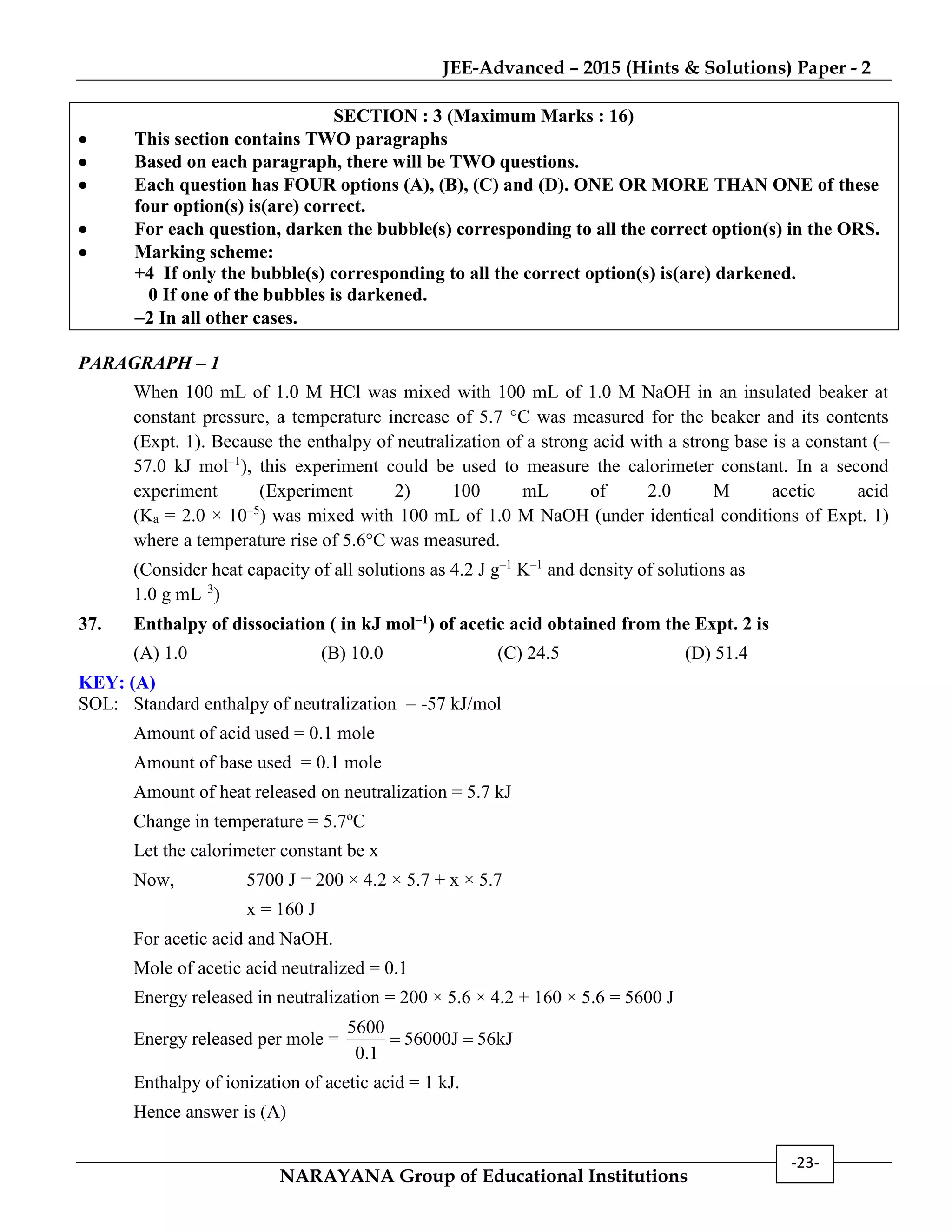IIT JEE adv-2015 question paper-2, hints & solutions | PDF