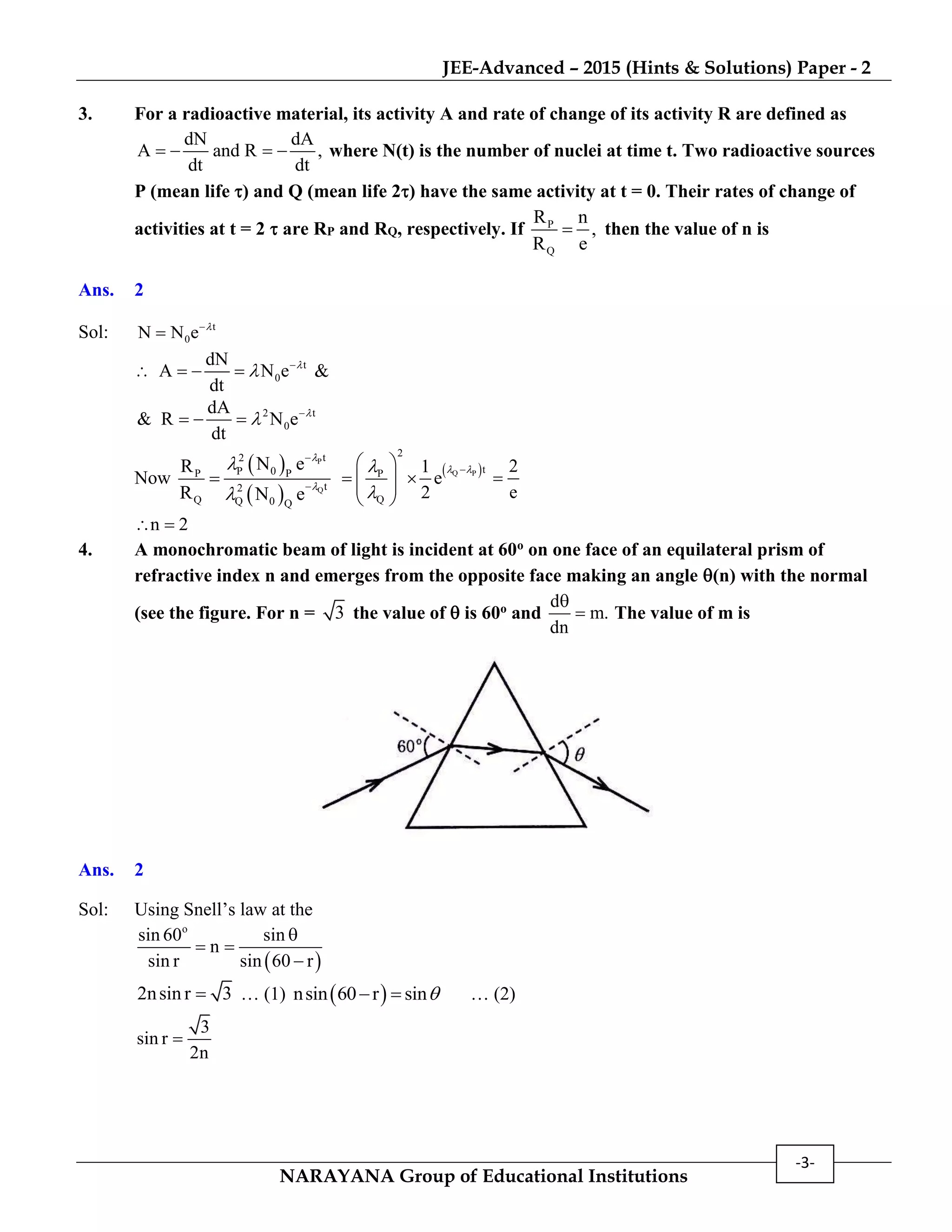 IIT JEE adv-2015 question paper-2, hints & solutions | PDF