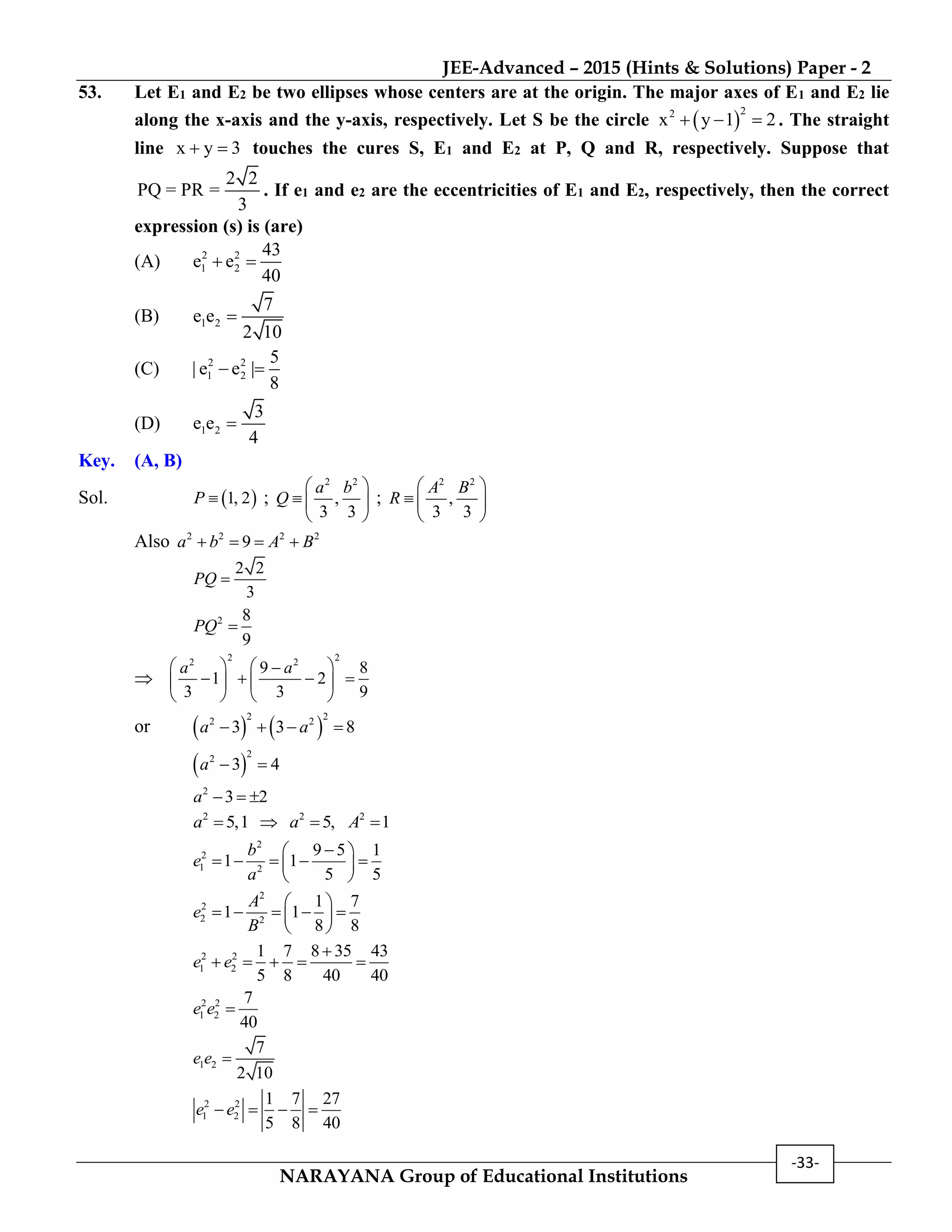 IIT JEE adv-2015 question paper-2, hints & solutions | PDF
