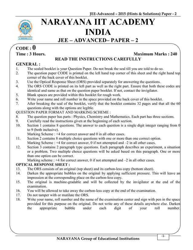 IIT JEE adv-2015 question paper-2, hints & solutions | PDF