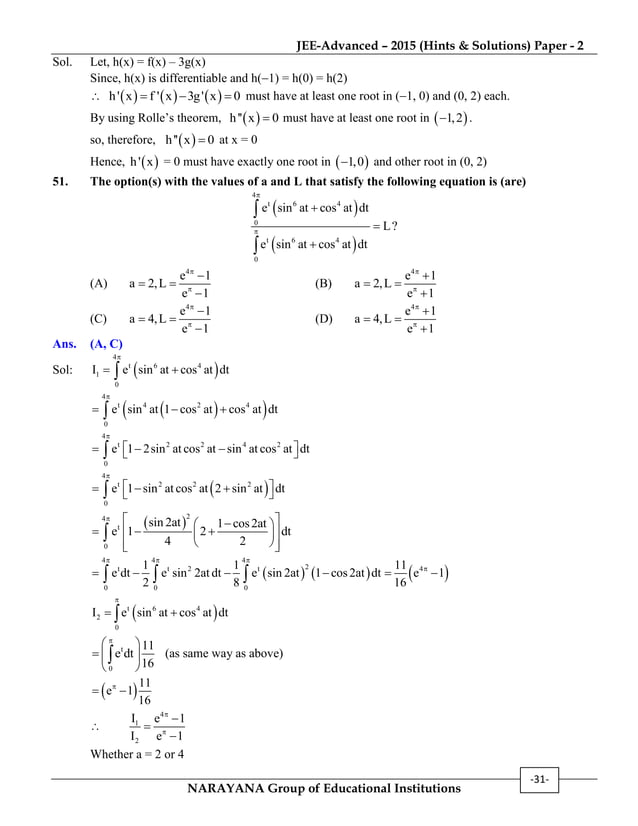 IIT JEE adv-2015 question paper-2, hints & solutions | PDF