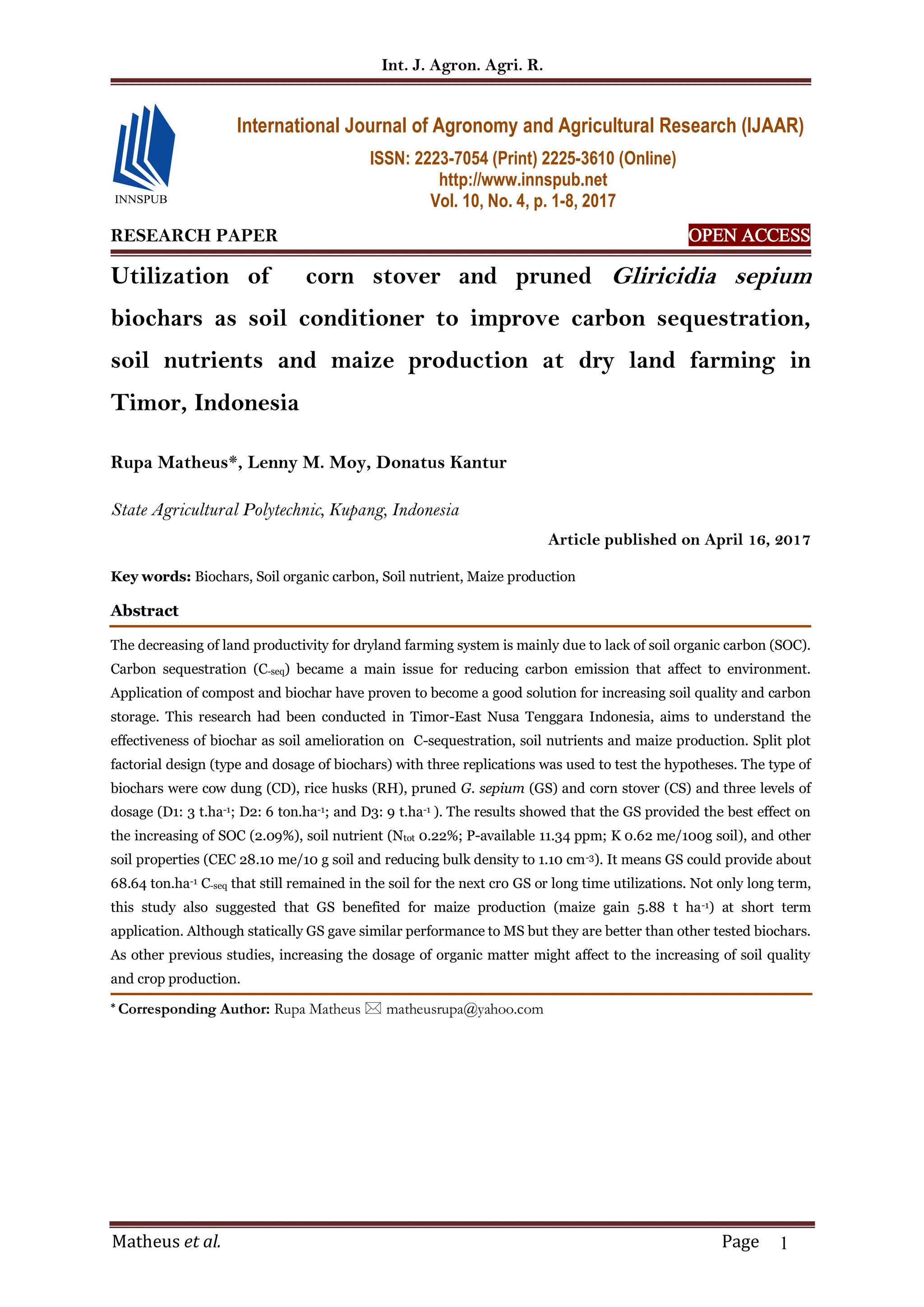 Utilization of corn stover and pruned Gliricidia sepium biochars as ...