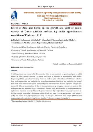 Effect of Zinc and Boron on the growth and yield of gulabi variety of ...