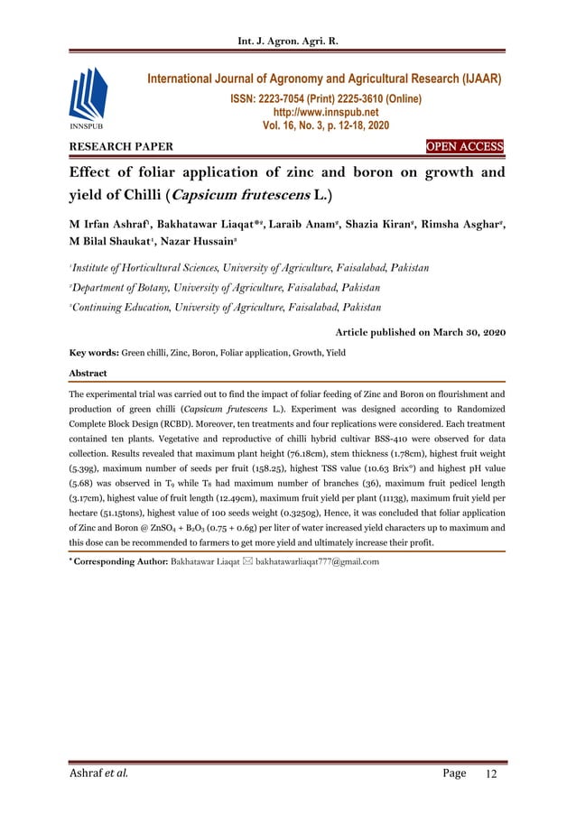 Effect Of Foliar Application Of Zinc And Boron On Growth And Yield Of
