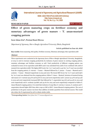 Effect of green manuring crops on fertilizer economy and monetary advantages of green manure – T ...