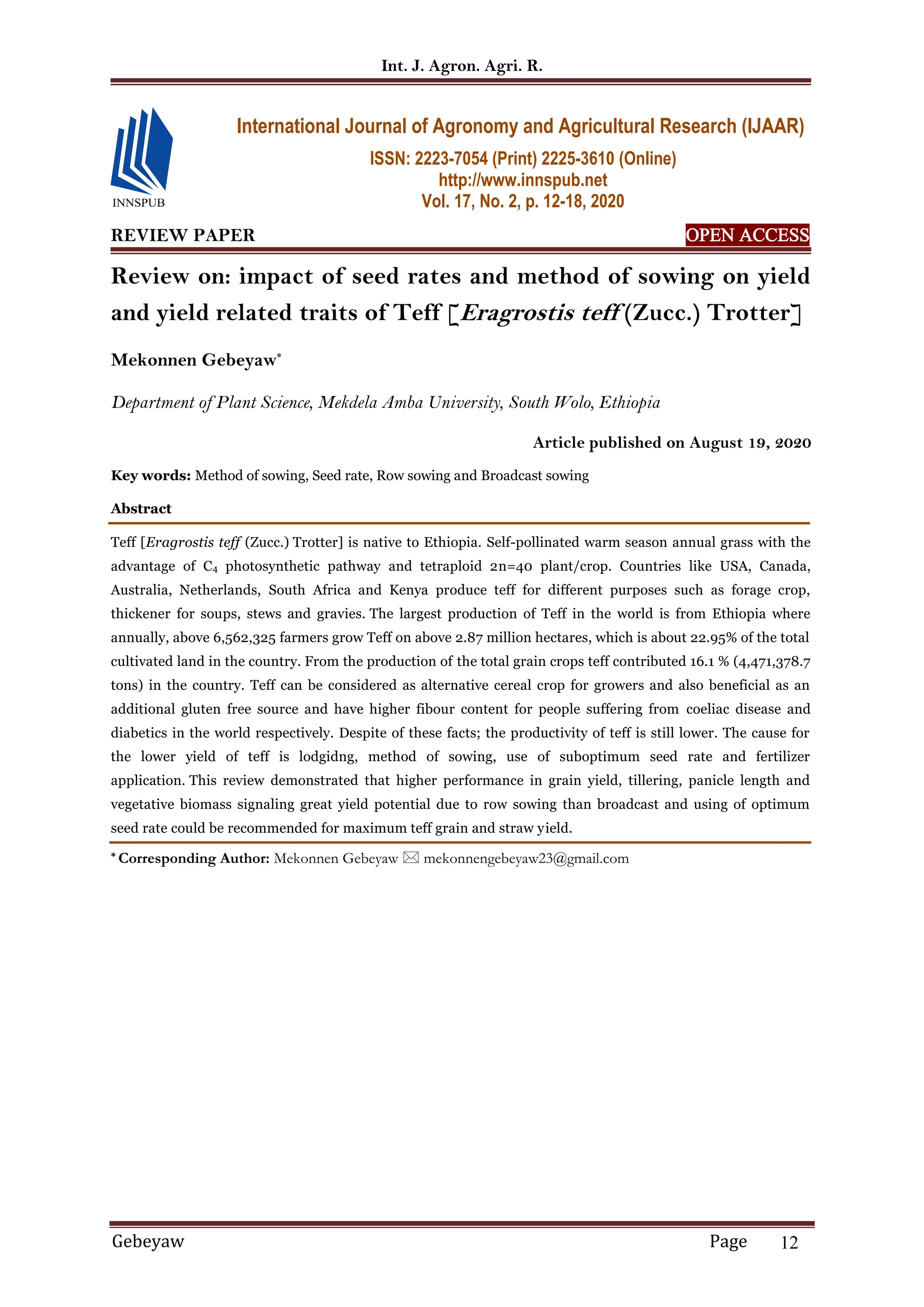 Review on: impact of seed rates and method of sowing on yield and yield ...