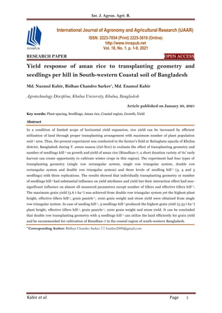 Yield response of aman rice to transplanting geometry and seedlings per ...