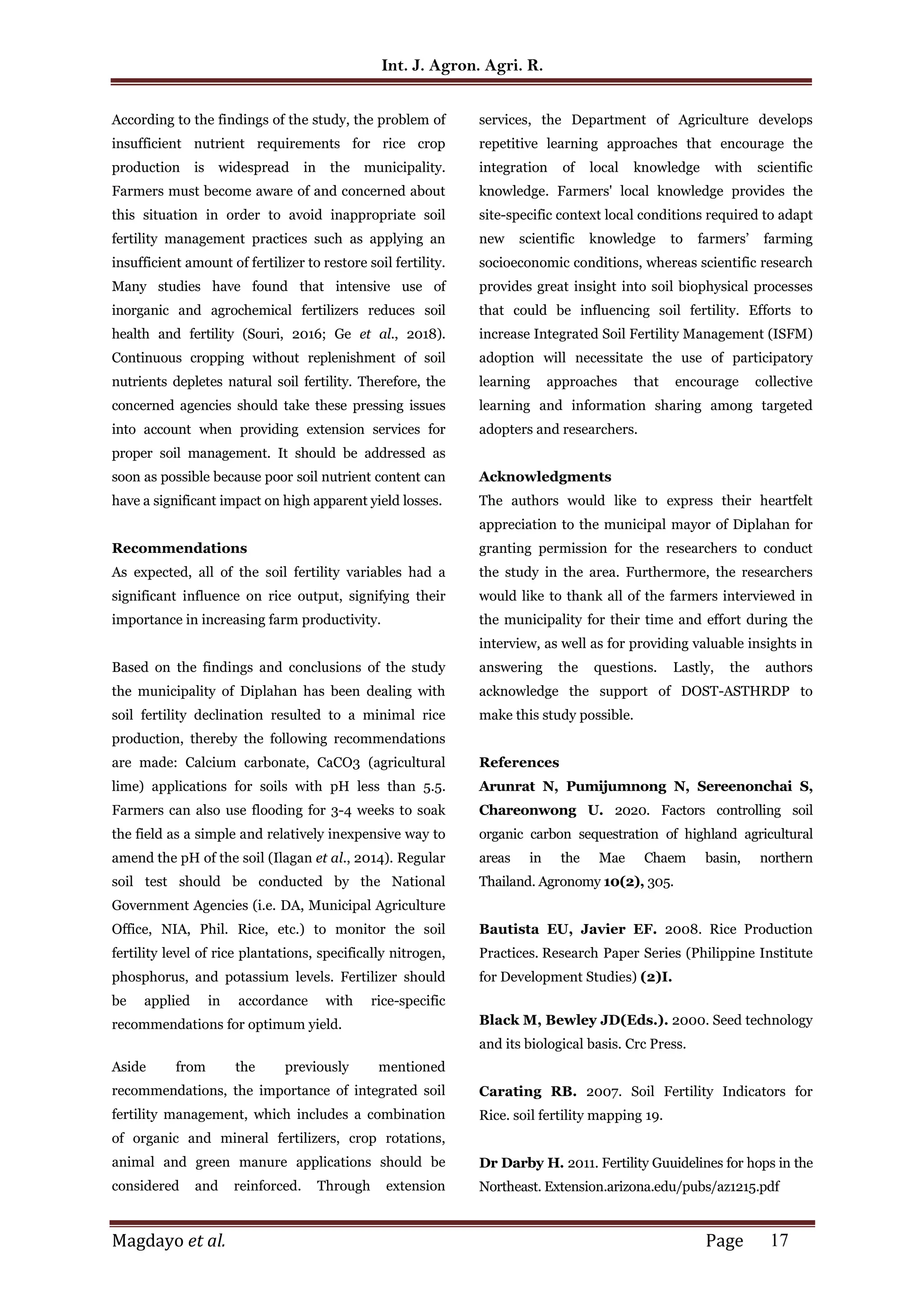 Soil fertility analysis for rice production in the lowland areas of Diplahan, Zamboanga Sibugay ...