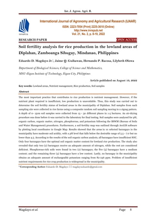 Soil fertility analysis for rice production in the lowland areas of Diplahan, Zamboanga Sibugay ...