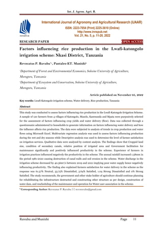Factors influencing rice production in the Lwafi-katongolo irrigation scheme: Nkasi District ...