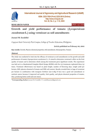 Growth and yield performance of tomato (Lycopersicum esculentum L.) using vermicast as soil ...