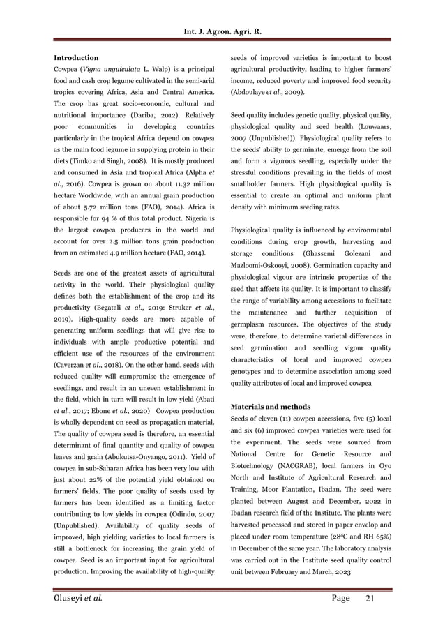 Varietal differences in seed germination and seedling vigour characteristics in local and ...