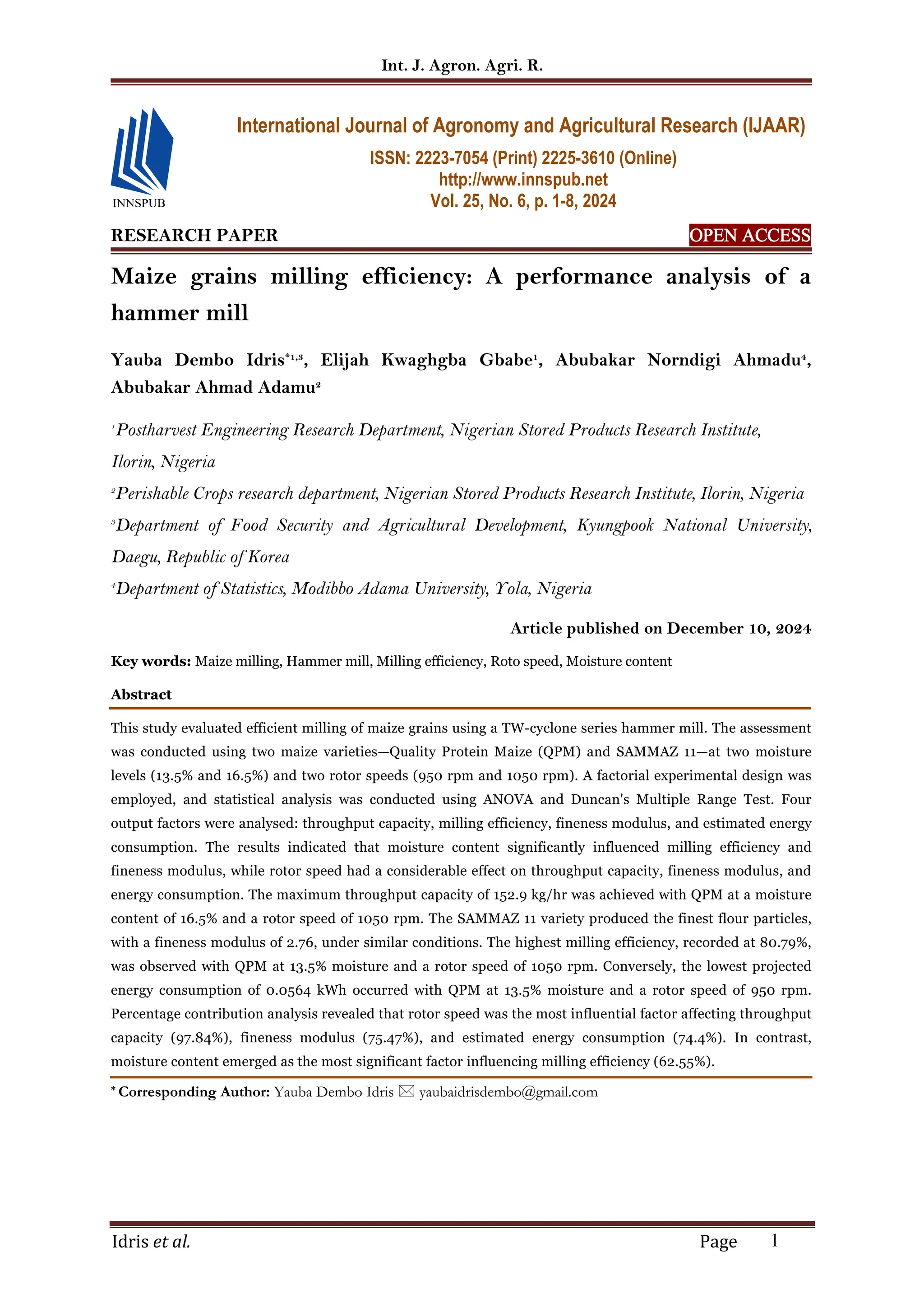 Maize grains milling efficiency: A performance analysis of a hammer ...