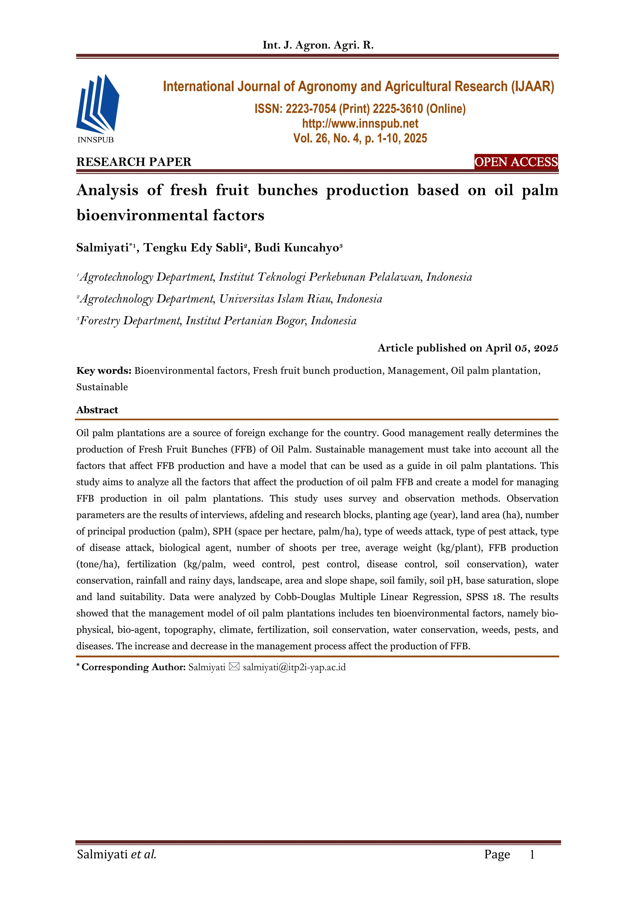 Analysis of fresh fruit bunches production based on oil palm ...