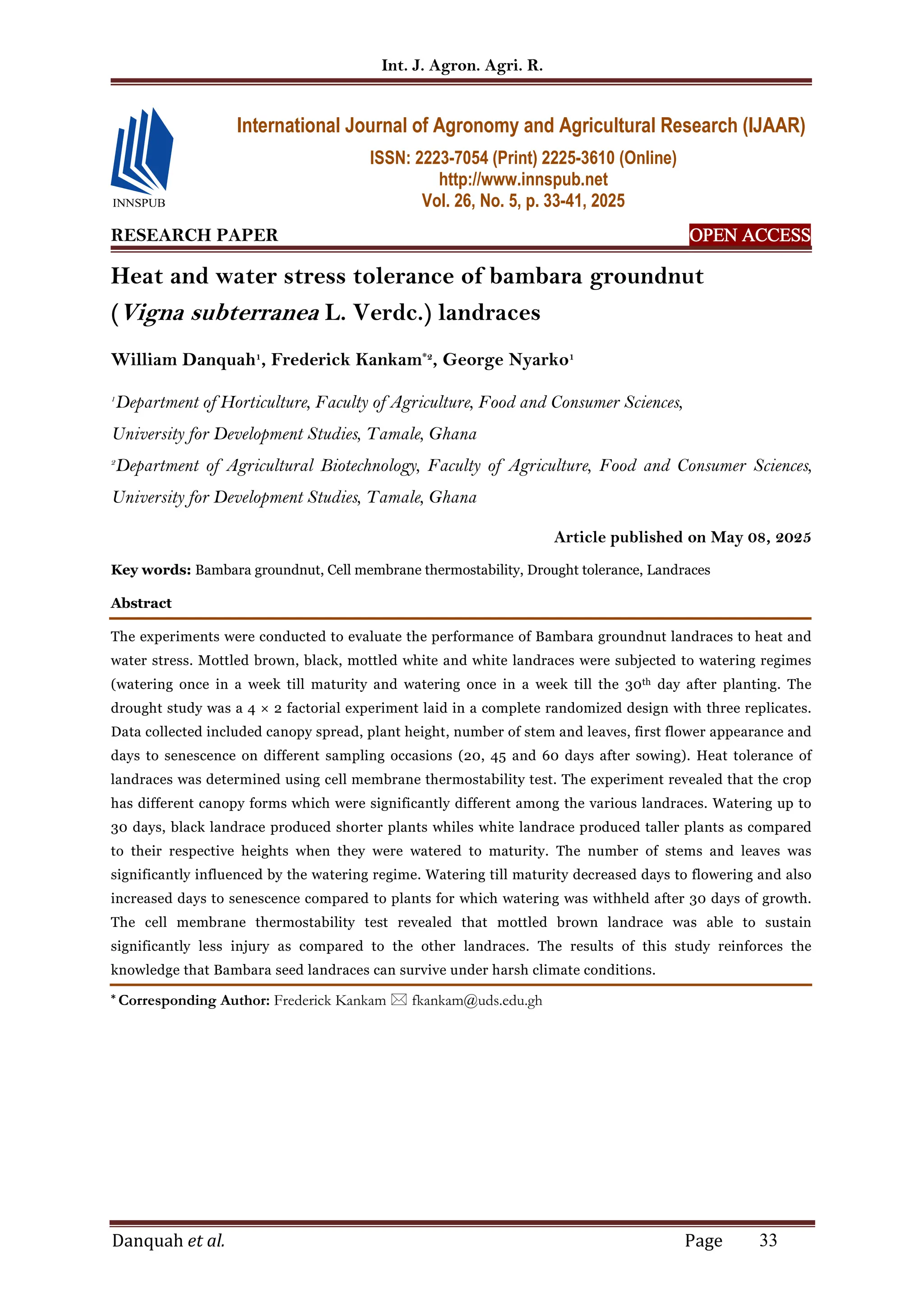 Heat and water stress tolerance of bambara groundnut (Vigna subterranea ...