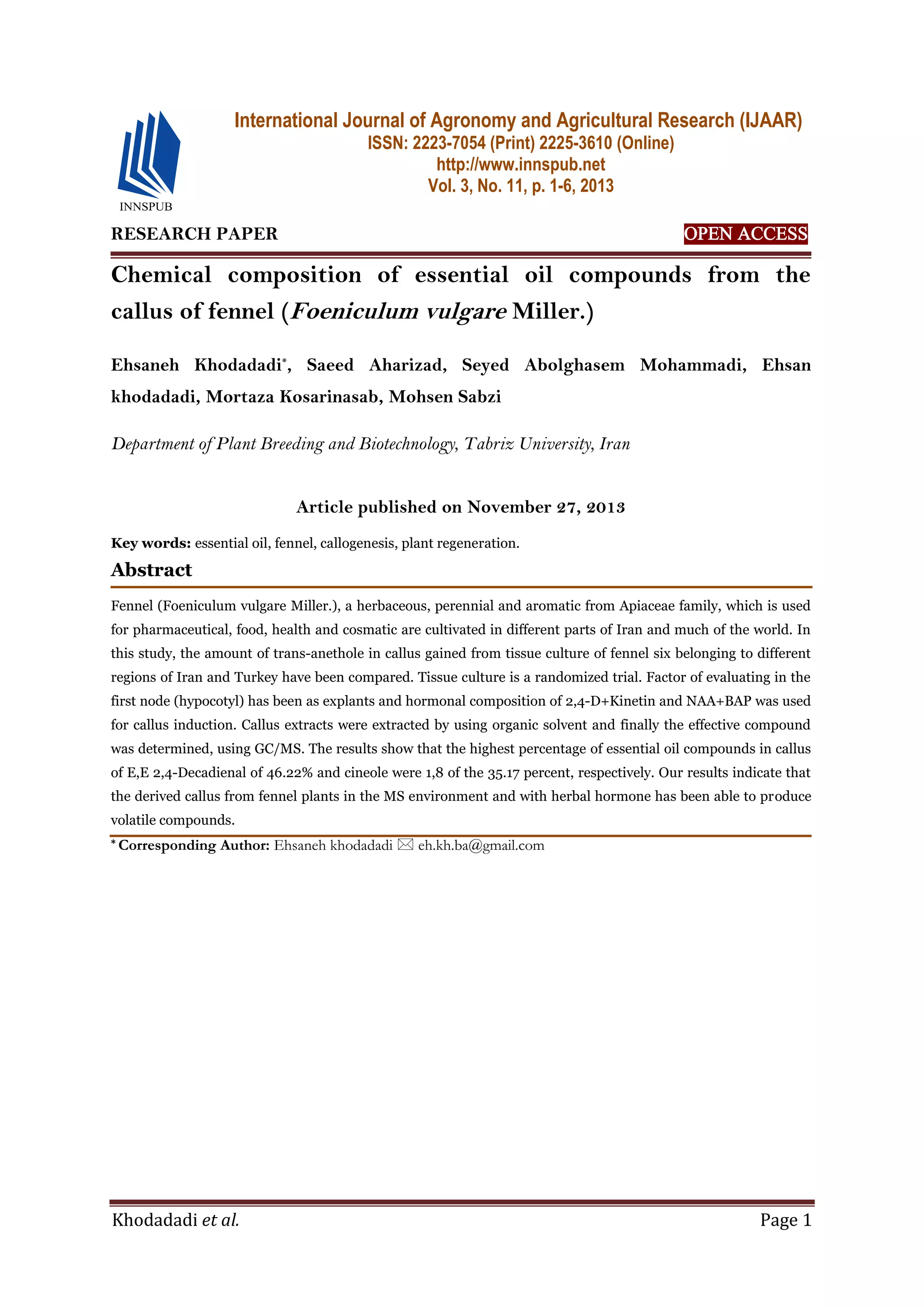 Chemical composition of essential oil compounds from the callus of ...