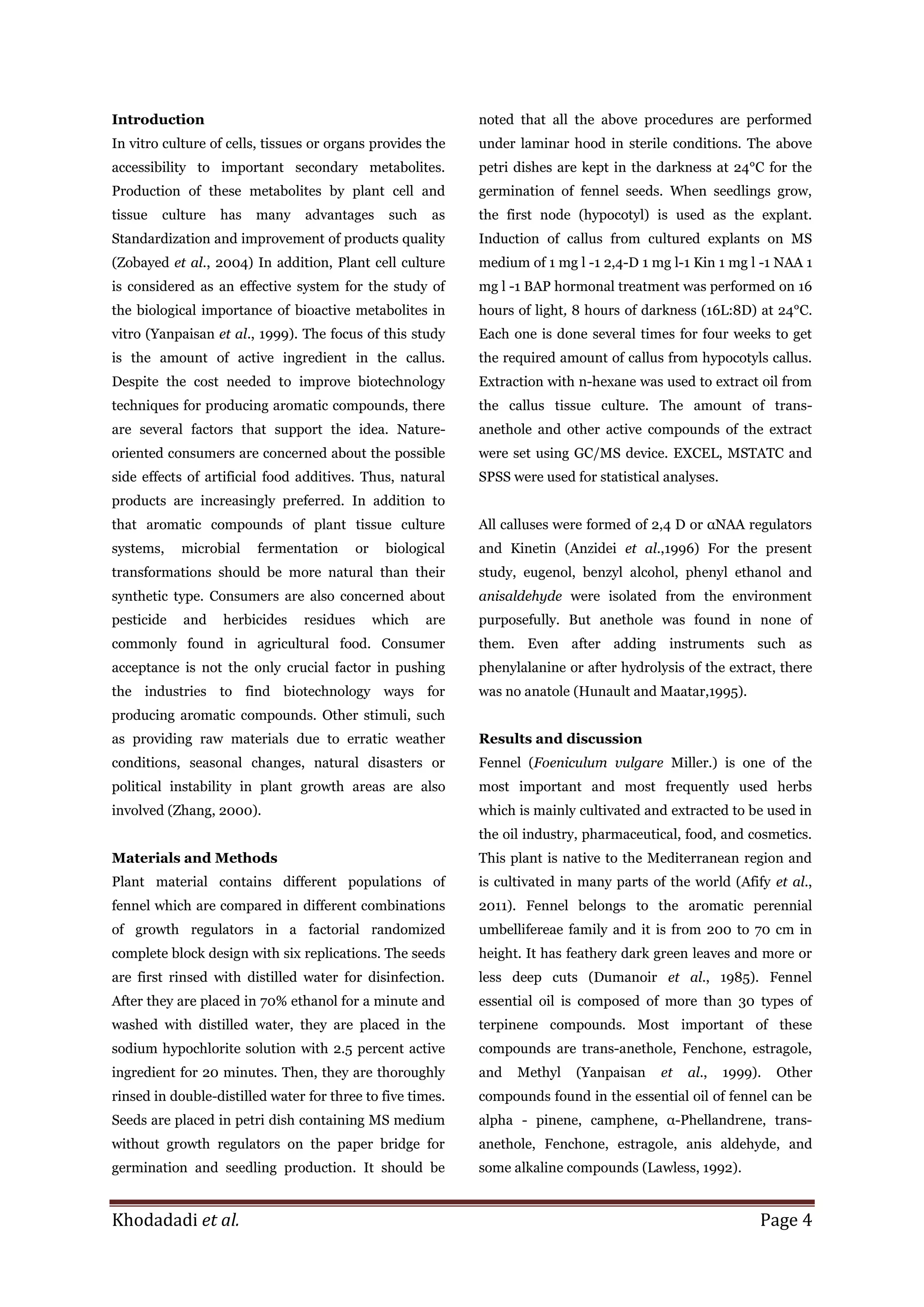 Chemical composition of essential oil compounds from the callus of ...