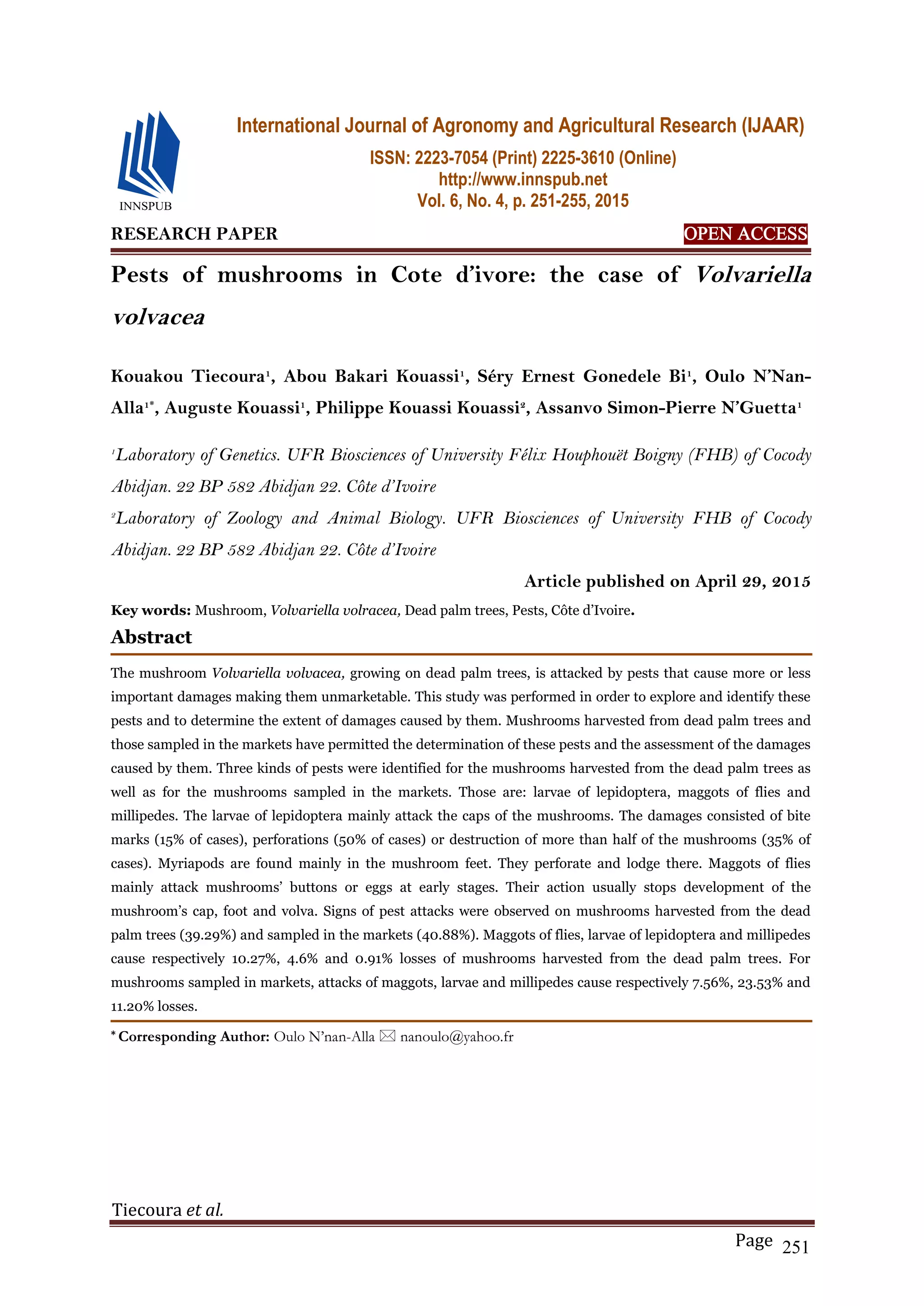 Pests of mushrooms in Cote d’ivore: the case of Volvariella volvacea | PDF