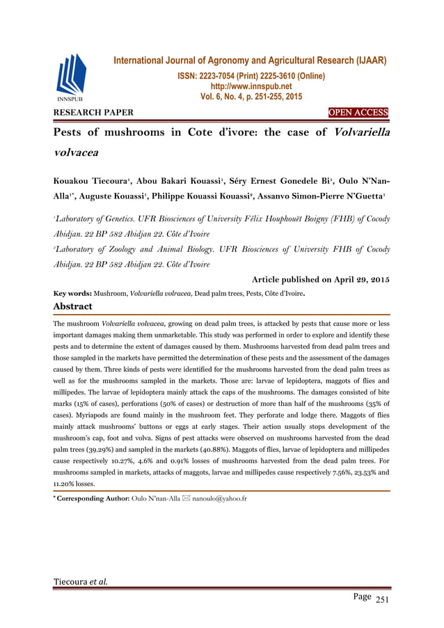 Pests of mushrooms in Cote d’ivore: the case of Volvariella volvacea | PDF