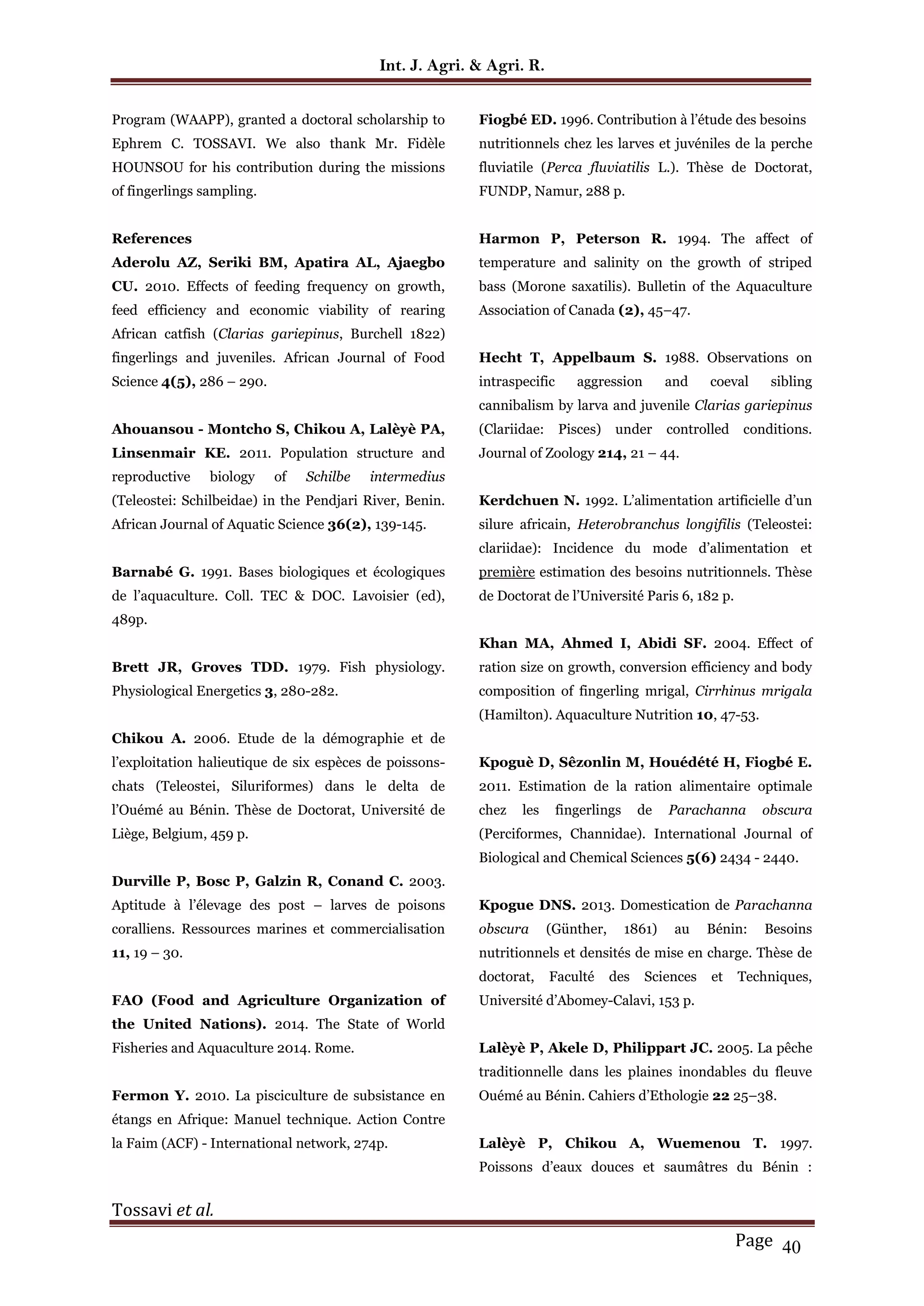 Feeding rate requirements for Schilbe intermedius (Rüppel, 1832 ...