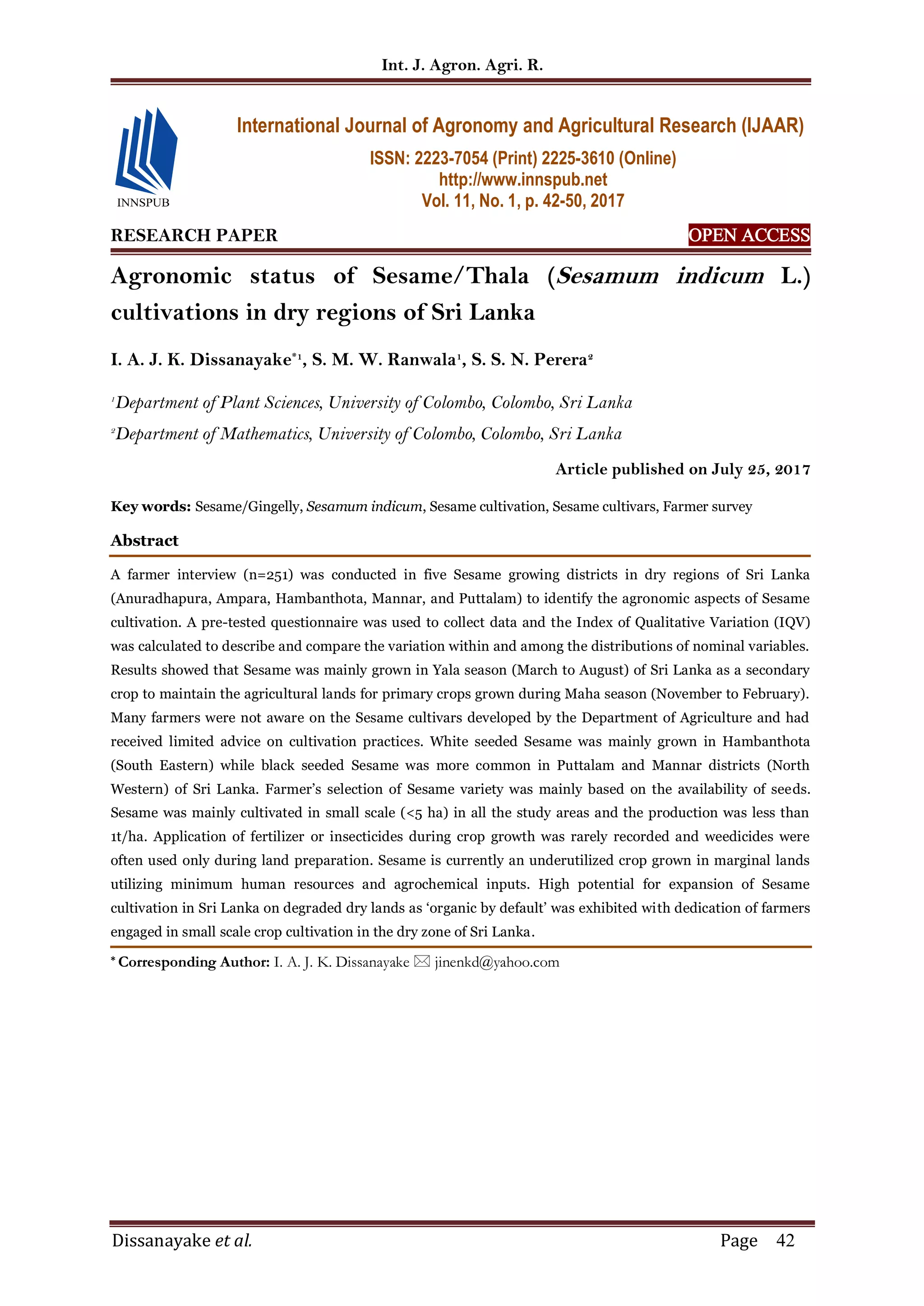 Agronomic status of Sesame/Thala (Sesamum indicum L.) cultivations in ...