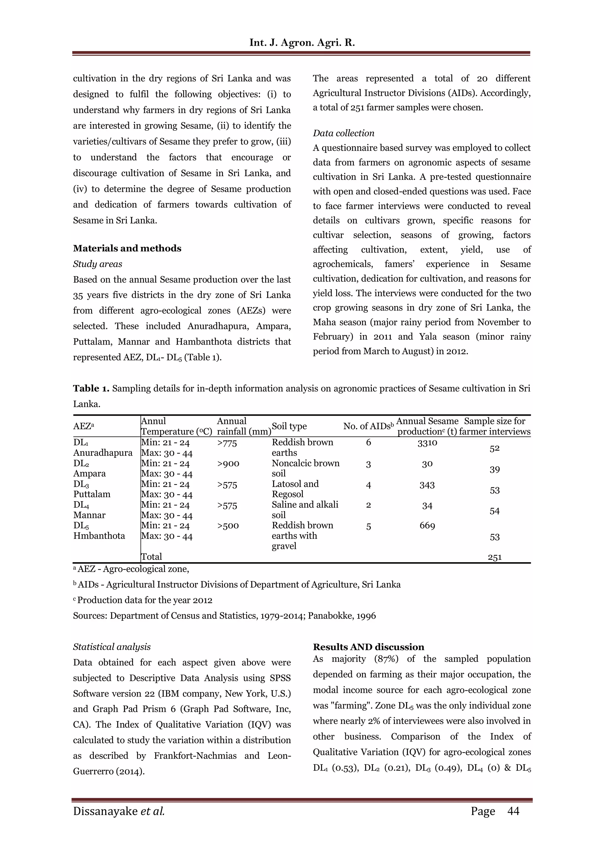 Agronomic status of Sesame/Thala (Sesamum indicum L.) cultivations in ...