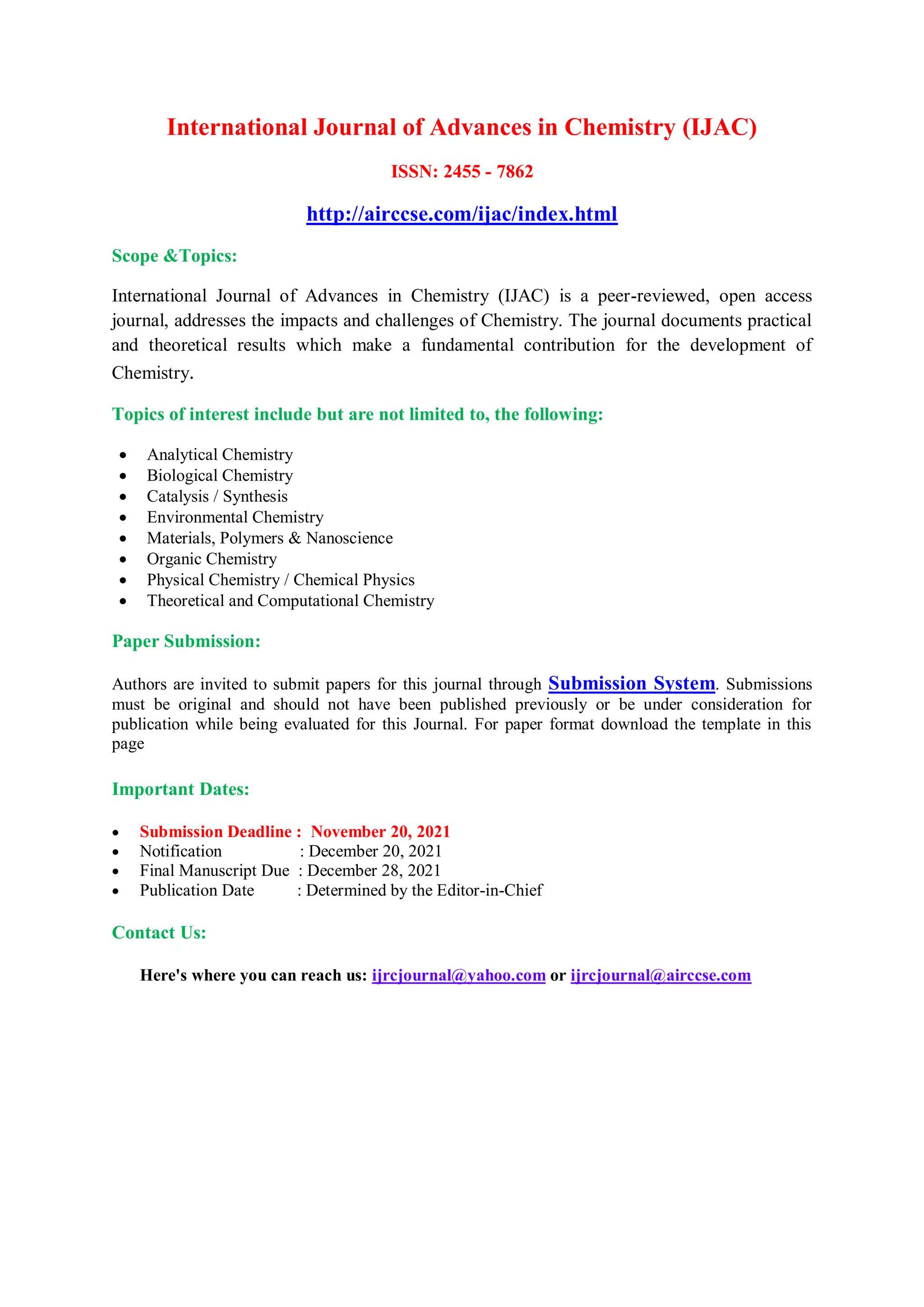 Call for papers - International Journal of Advances in Chemistry (IJAC ...