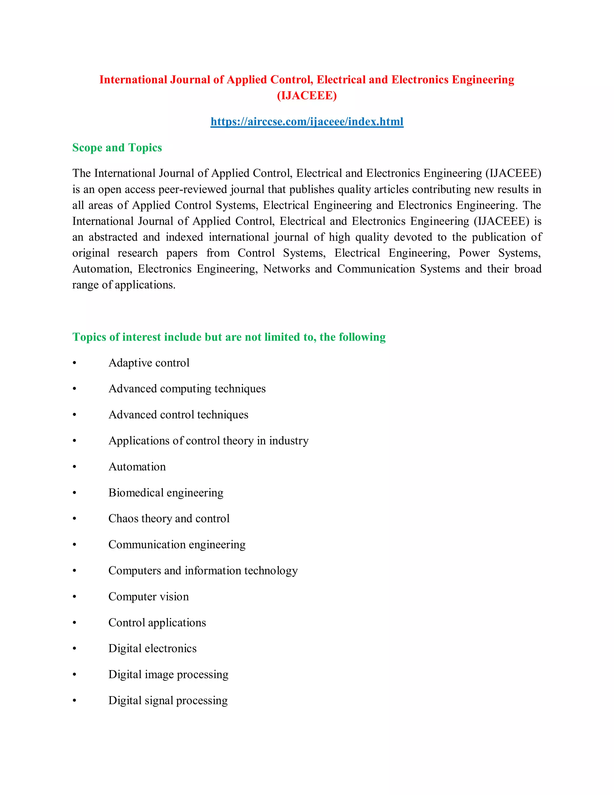 International Journal of Applied Control, Electrical and Electronics ...