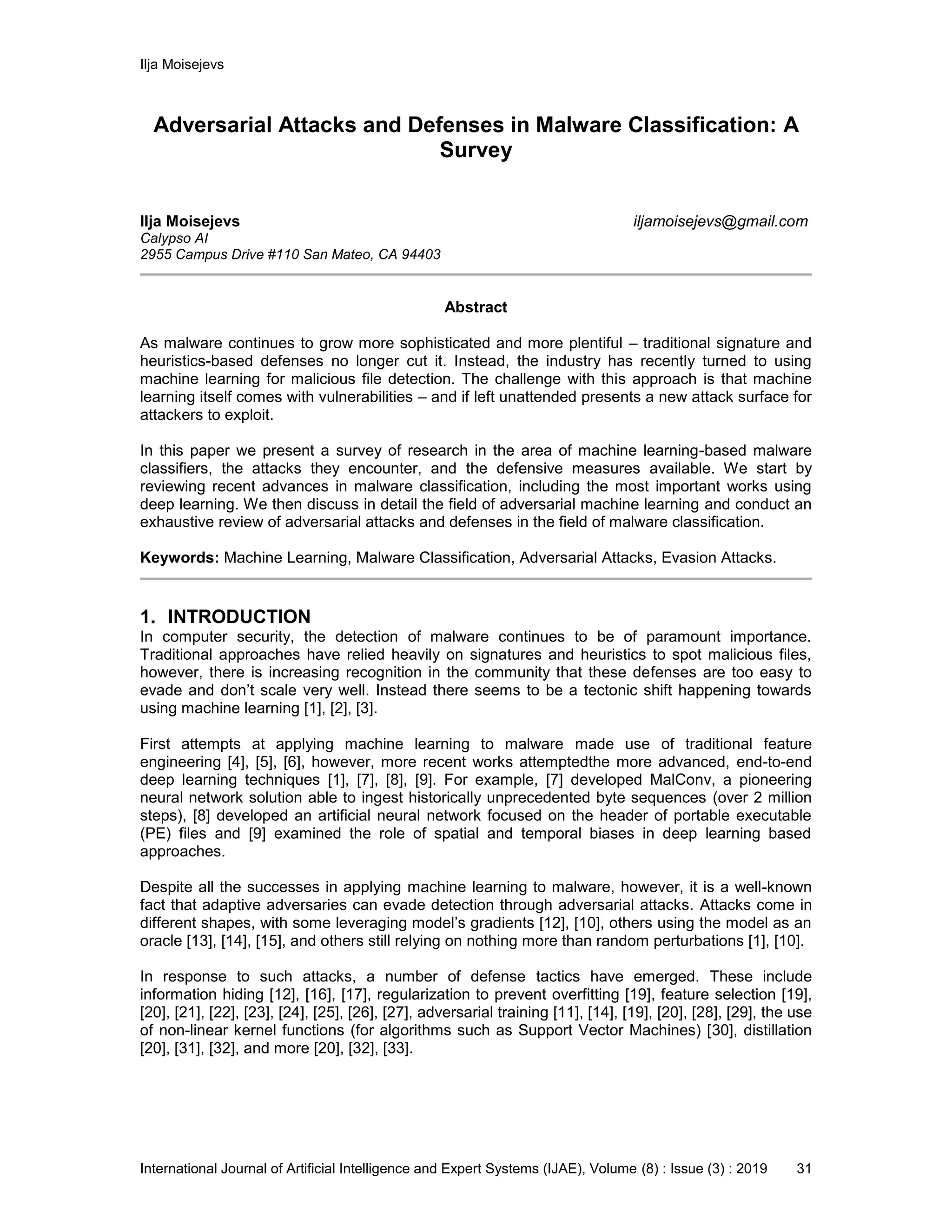 Adversarial Attacks and Defenses in Malware Classification: A Survey | PDF