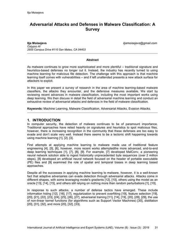 Adversarial Attacks and Defenses in Malware Classification: A Survey | PDF