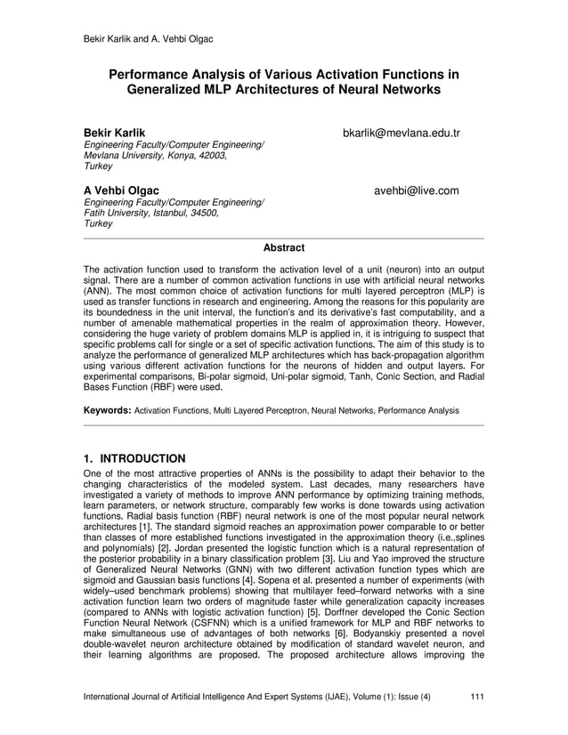 Performance Analysis of Various Activation Functions in Generalized MLP Architectures of Neural ...